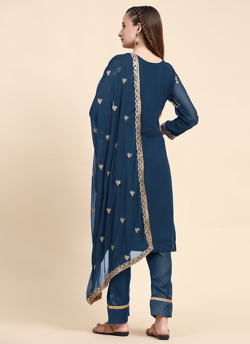 Buy Blue Faux Georgette Embroidered Straight Pant Suit Party Wear ...