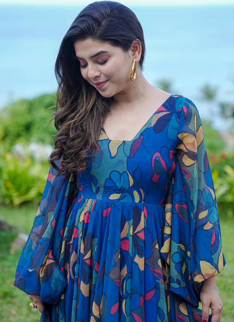 Shop Blue Faux Geprgette Digital Print Elegant Anarkali Gown After Six ...