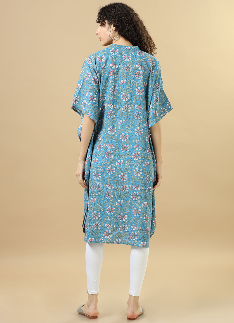 Shop Blue Floral Block Print Pure Cotton Kaftan Style Dress After Six ...