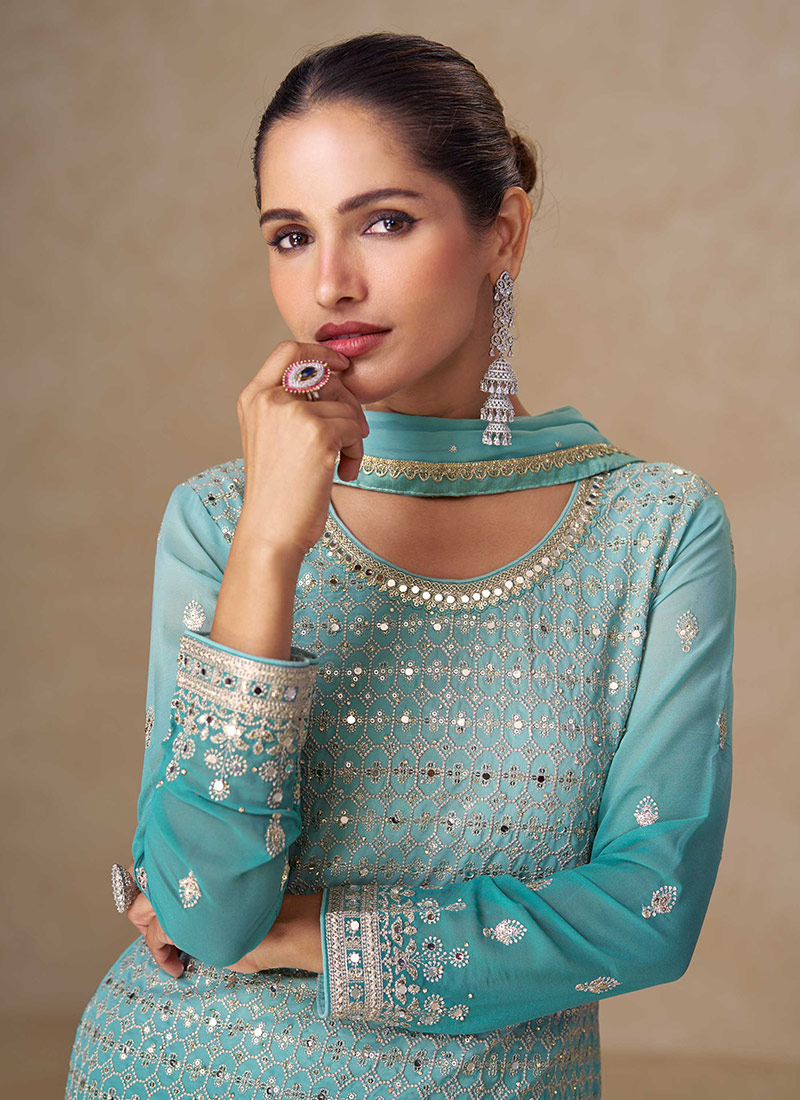 Buy Blue Georgette Embroidered Sequins Mirror Work Pakistani Palazzo ...
