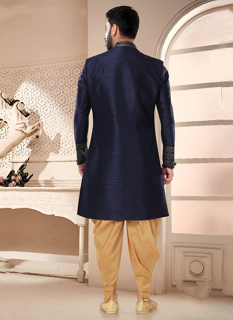Buy Blue Jacquard Silk Classic Sherwani With Dhoti Style Pants Wedding ...