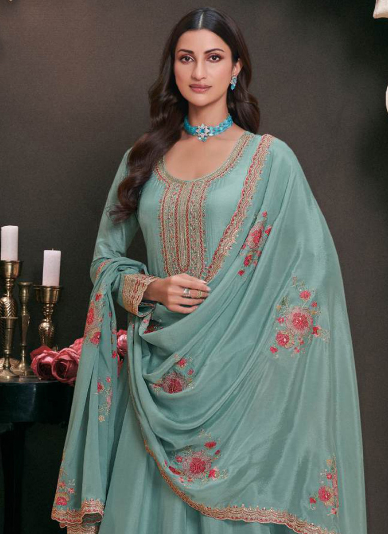 Buy Blue Mooga Silk Embroidered Sequins A Line Anarkali Suit Festive ...