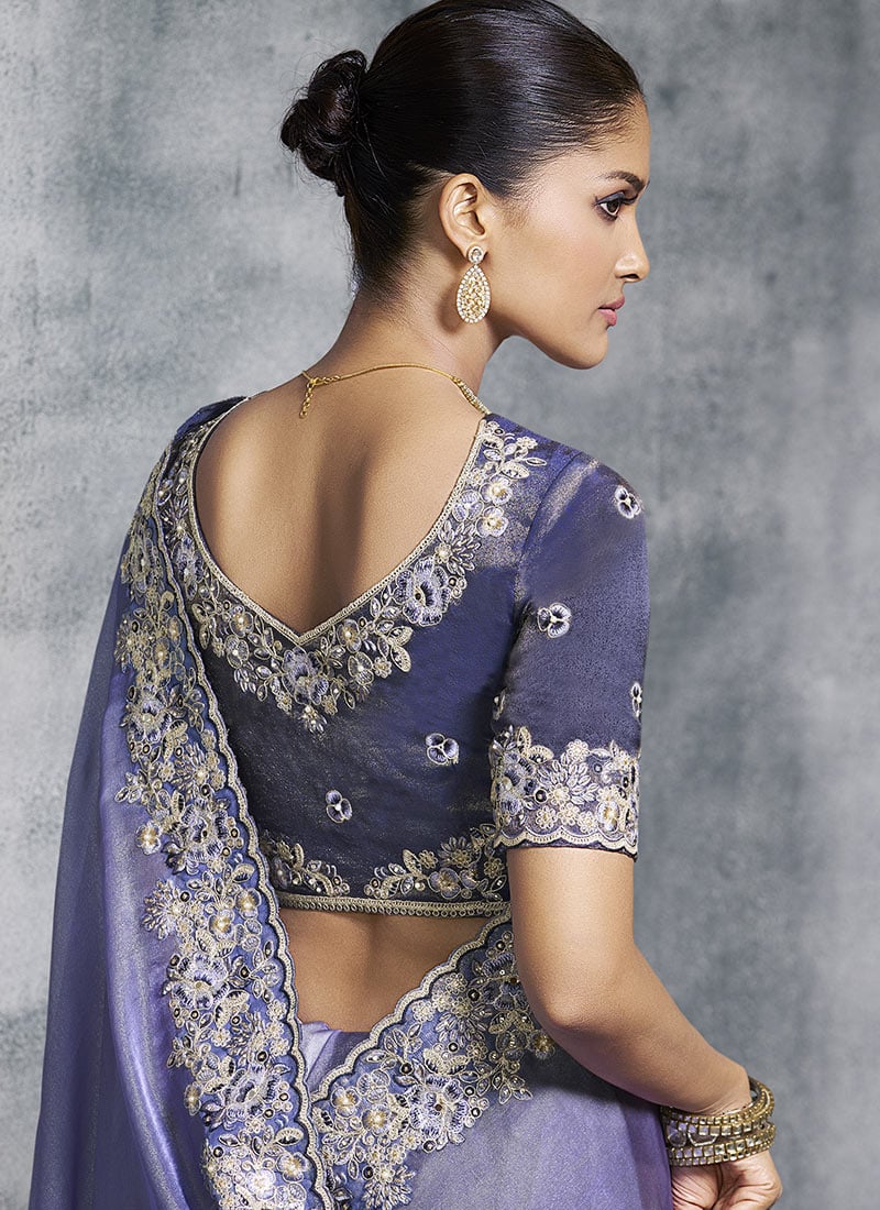 Shop Blue Nylon Satin Silk Resham Sequins Embroidered Stones Beads Zari ...