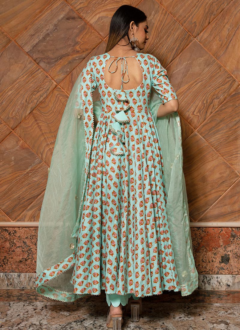 Shop Sea Green Pure Cotton Hand Block Print Anarkali Suit Party Wear in ...