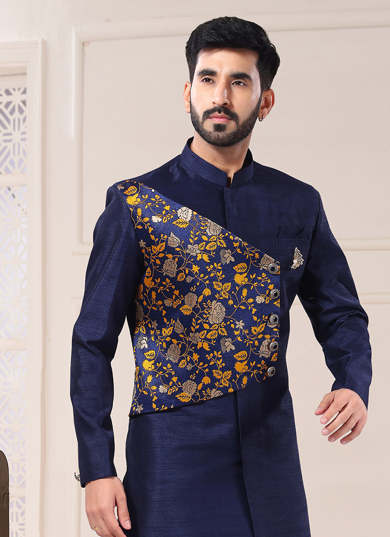Shop Blue Silk Semi Indowestern Sherwani Party Wear Online at Best ...