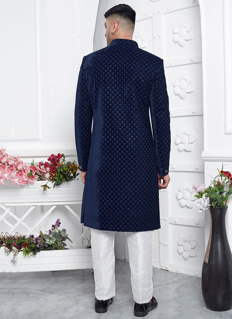 Buy Blue Velvet Indowestern Sherwani With Sequins For Royal Look Wedding Wear Online at Best ...