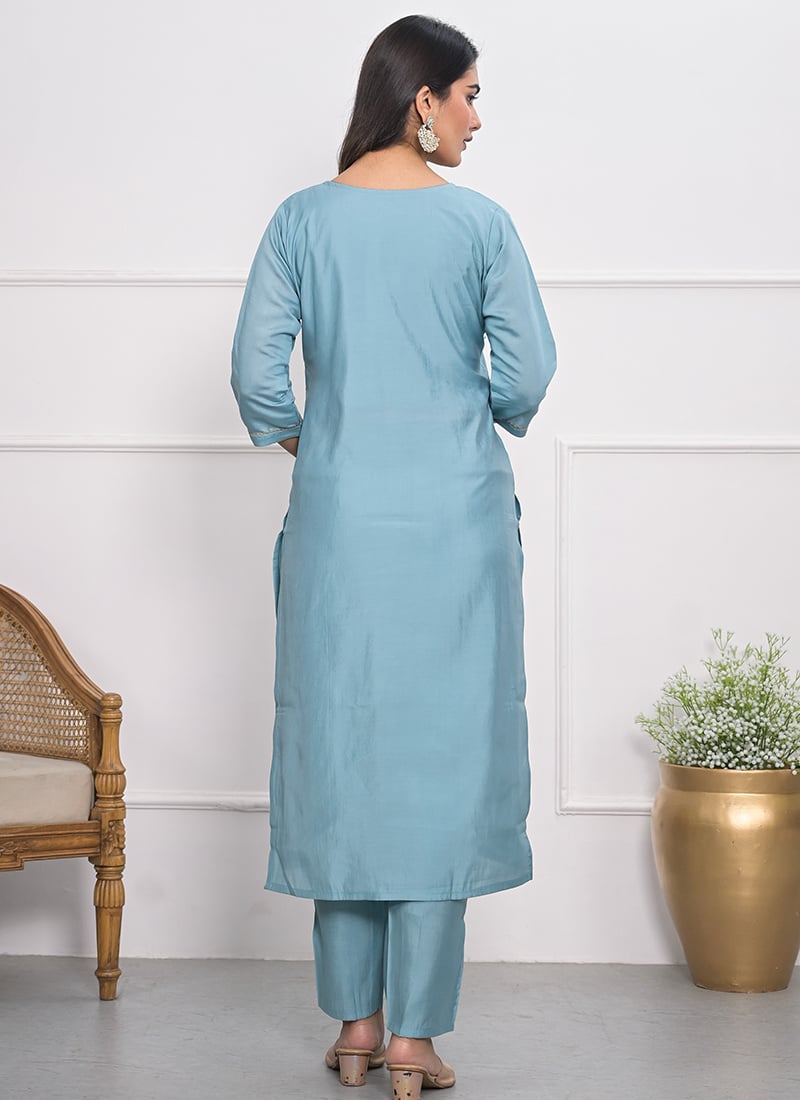 Shop Blue Viscose Silk Embroidered Straight Pant Suit Festive Wear ...