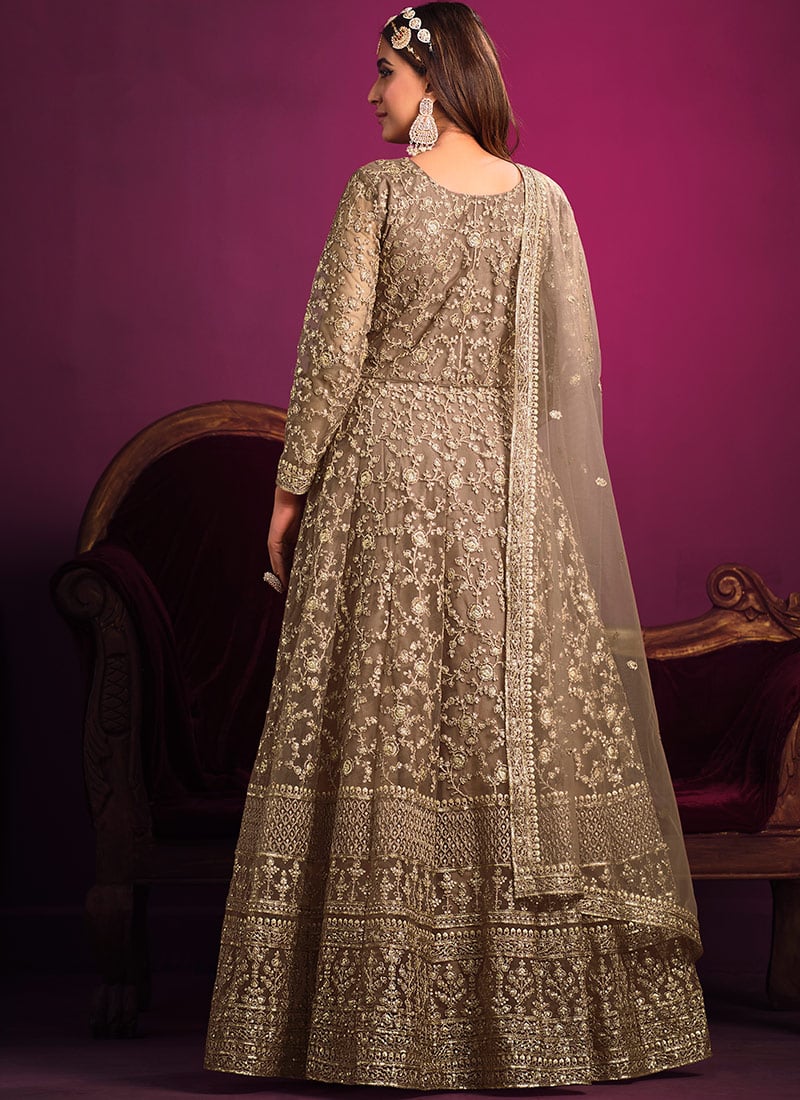 Shop Brown Net Embroidered Anarkali Suit Party Wear Online at Best ...