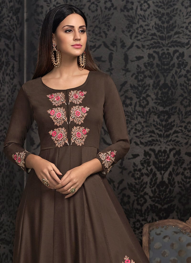 Shop Brown Embroidered Anarkali Gown Party Wear Online at Best Price ...