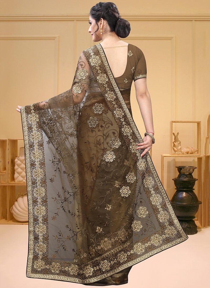 Shop Brown Net Embroidered Saree Festive Wear Online at Best Price ...