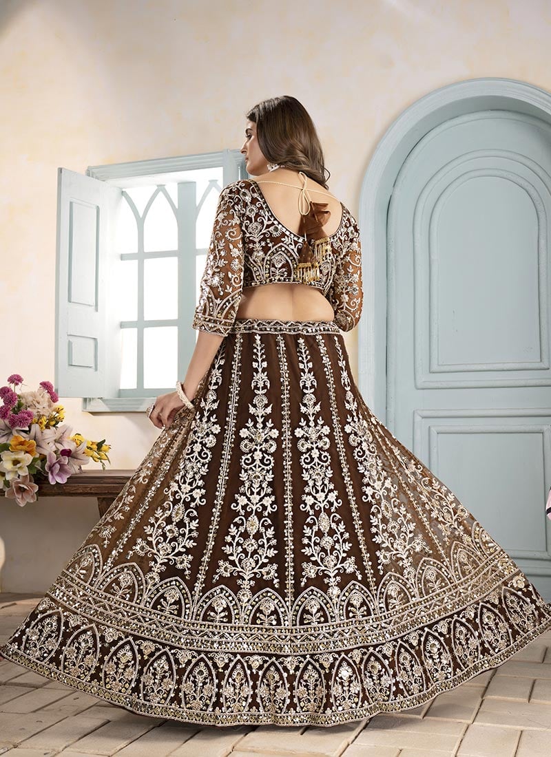 Buy Brown Net Lehenga With Embroidery And Sequins Work Wedding Wear ...