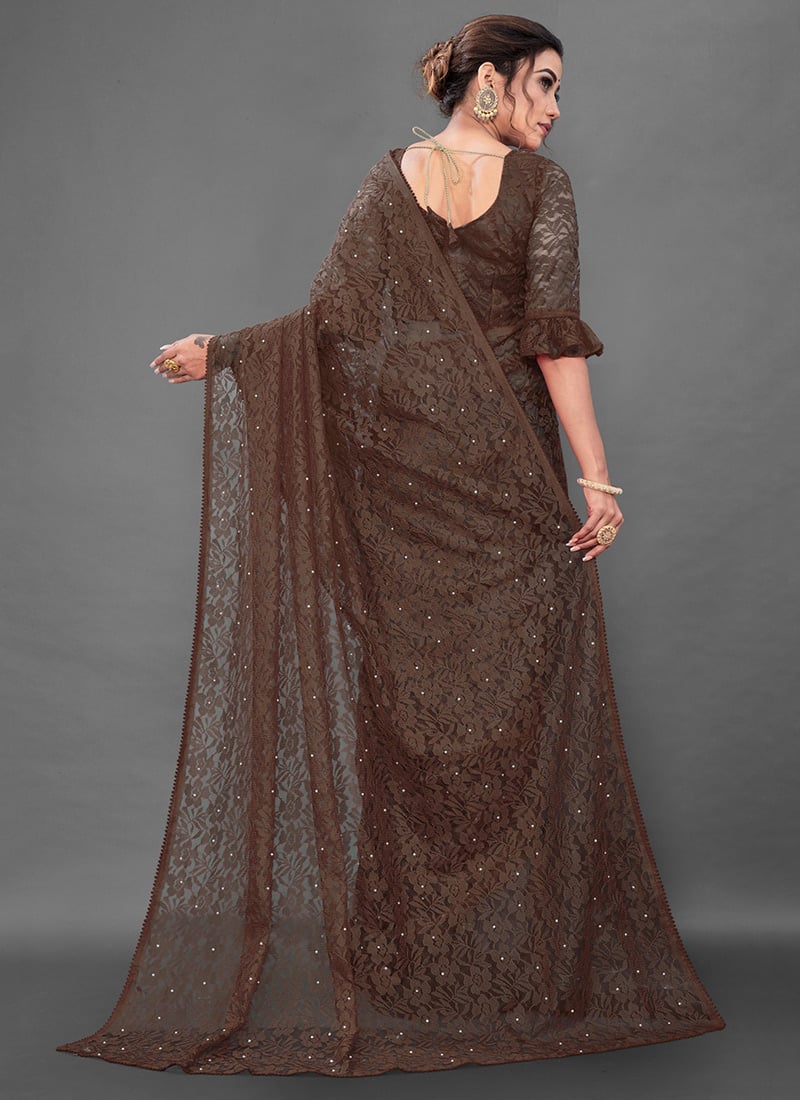 Buy Brown Net Lace Saree Party Wear Online at Best Price | Cbazaar