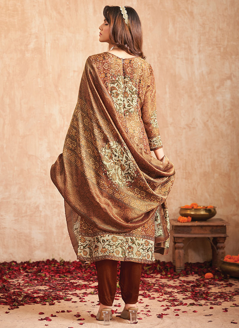 Shop Brown Tissue Shimmer Digital Print Hand Work Straight Pant Suit ...