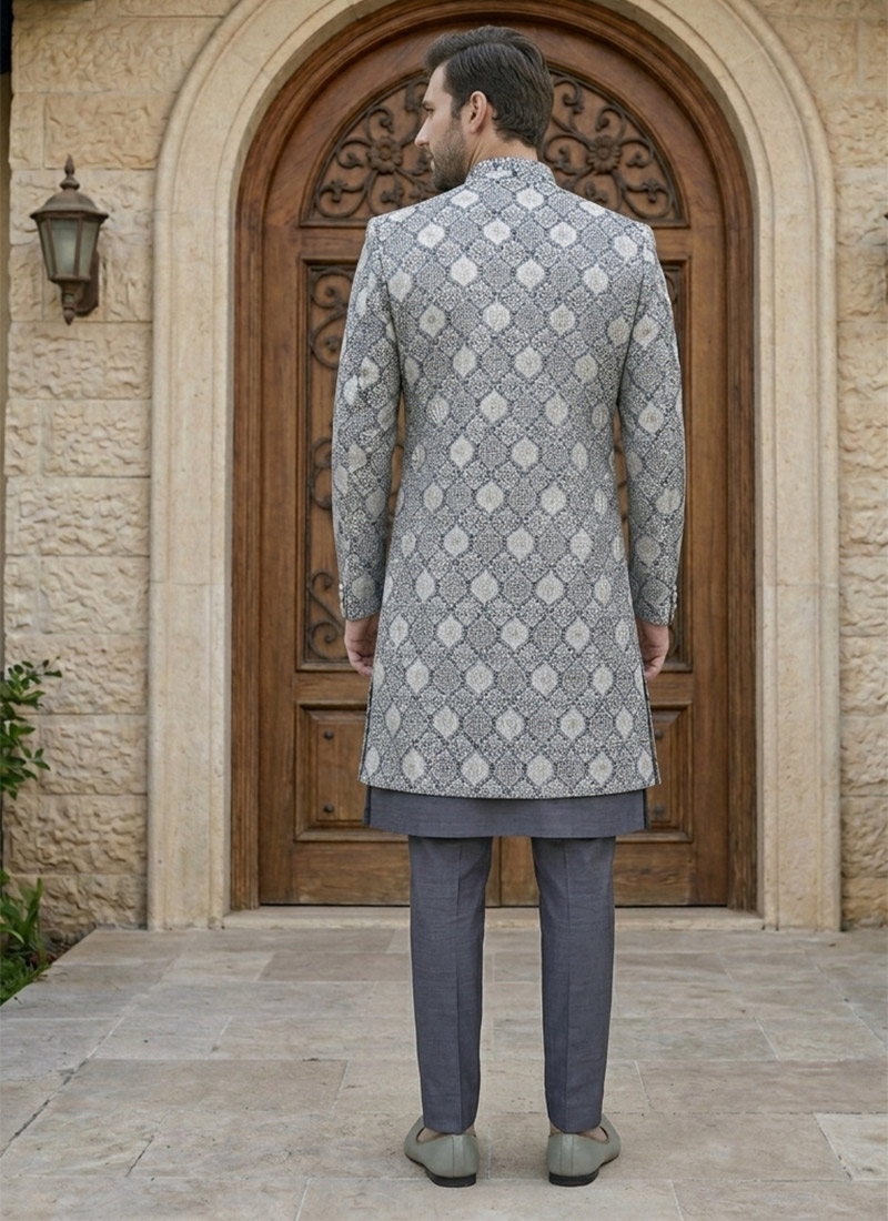 Buy Charming Grey Jacquard Silk Indowestern Sherwani Party Wear Online ...