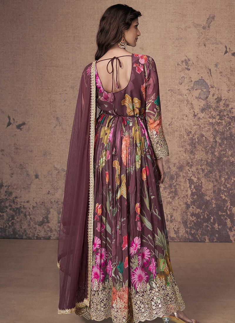 Shop Charming In Wine Georgette Printed Embroidered Sequins Anarkali ...