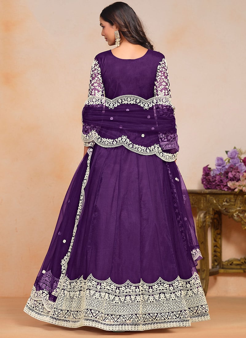 Shop Chic Purple Net A Line Anarkali Suit With Intricate Embroidered ...