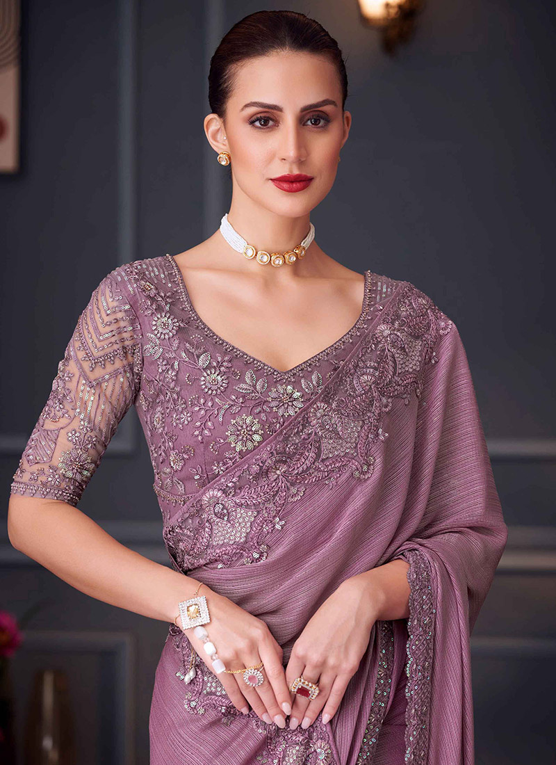 Buy Classic Beauty Lavender Silk Embroidered Sequins Saree Wedding Wear ...