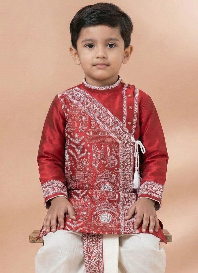 Shop Classic Red Viscose Embroidered Kids Boys Kurta Pyjama Festive ...