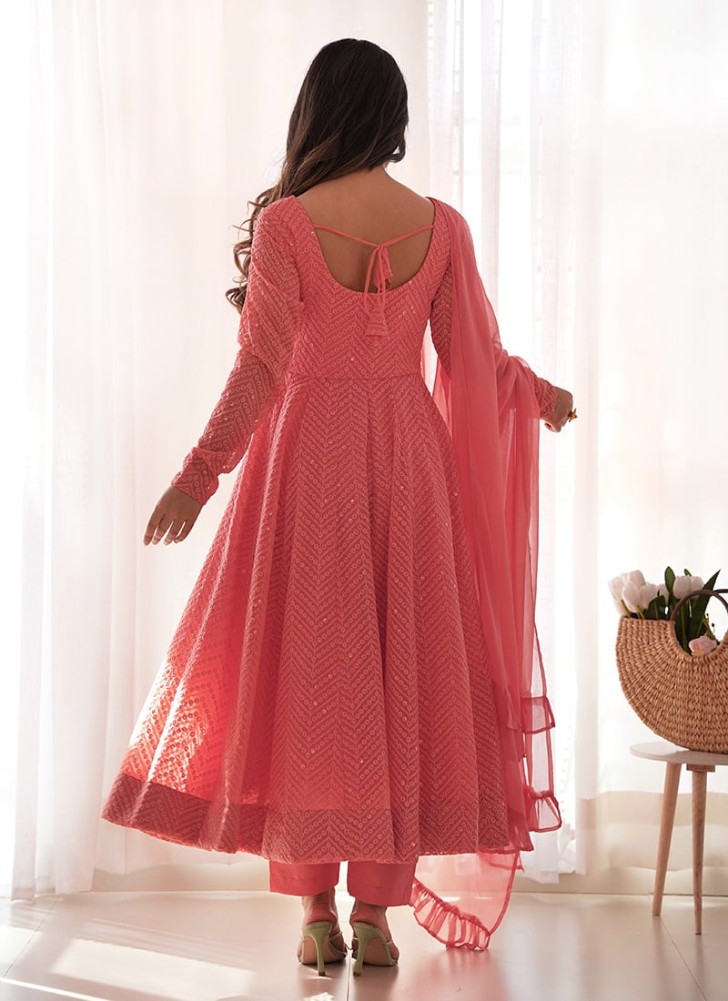 Shop Coral Pink Faux Georgette Anarkali Suit With Sequins And Thread ...
