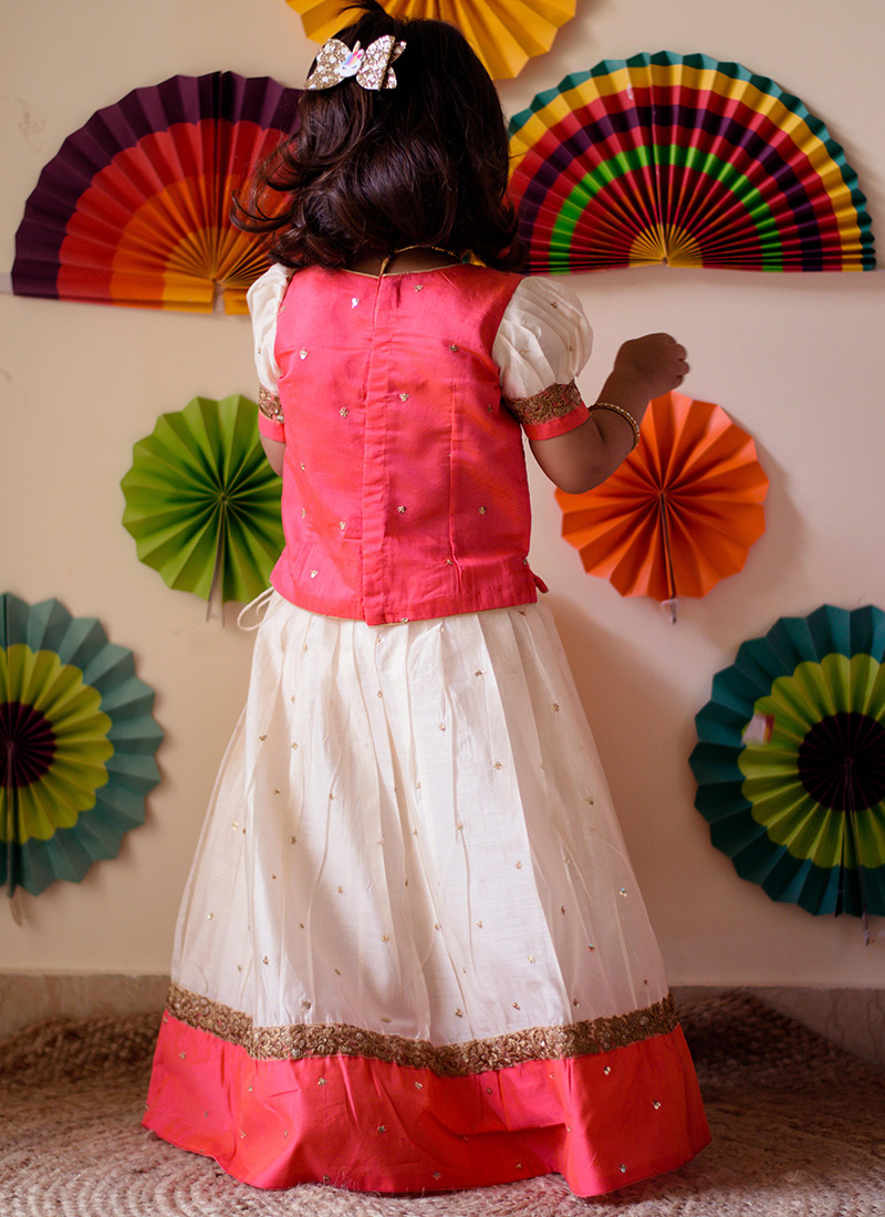 Buy Cream Art Silk Sequins Kids Girls With Round Neck And Half Sleeve ...