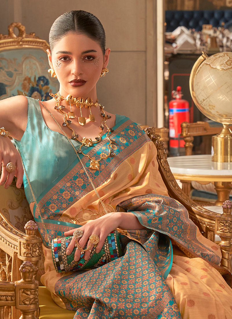 Buy Cream Color Woven Work Bamboo Handloom Weaving Saree Festive Wear ...