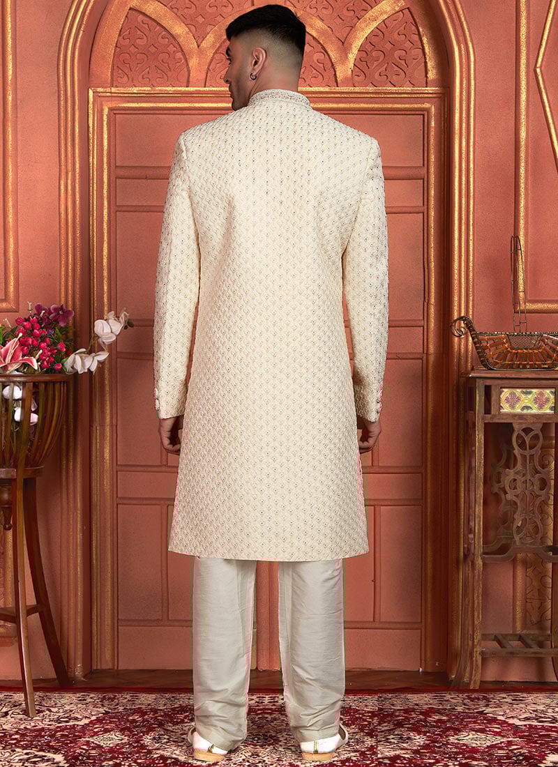 Buy Cream Faux Georgette Thread Hand Work Classic Sherwani For Men ...
