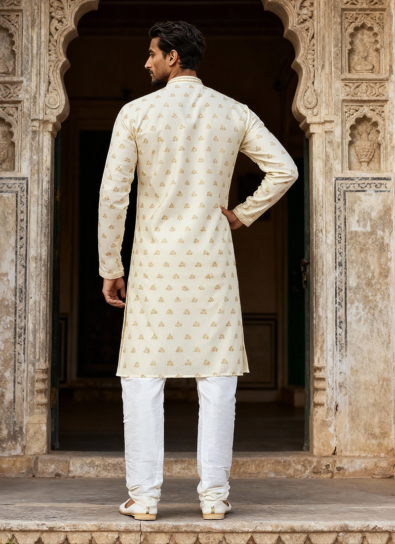 Buy Cream Jacquard Banarasi Silk Zari Work Kurta Pyjama For Men Festive ...