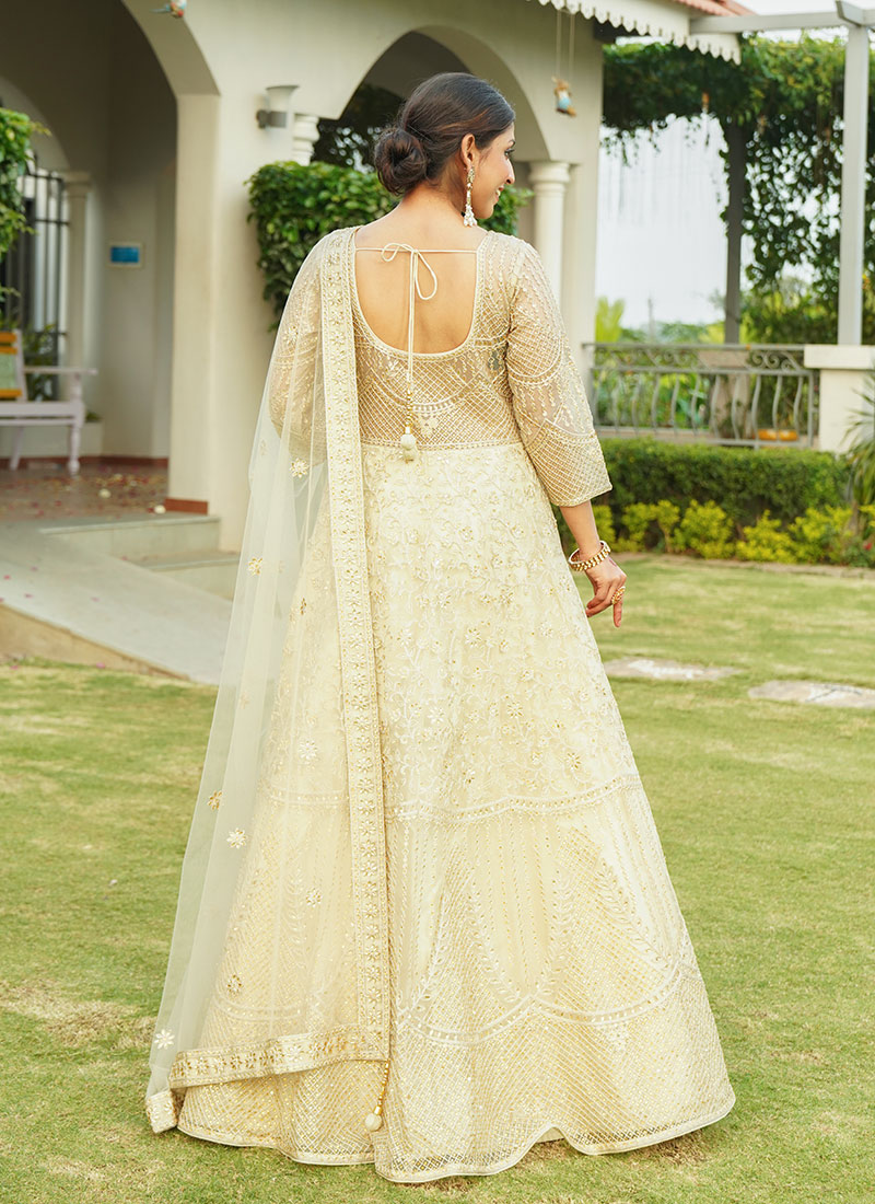 Buy Cream Net Embroidered Stone Work Classy Anarkali Suit Wedding Wear Online at Best Price ...