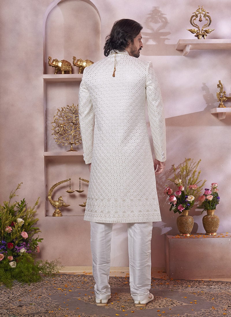 Buy Cream Silk Embroidered Sequins Stone Hand Work Indowestern Sherwani ...