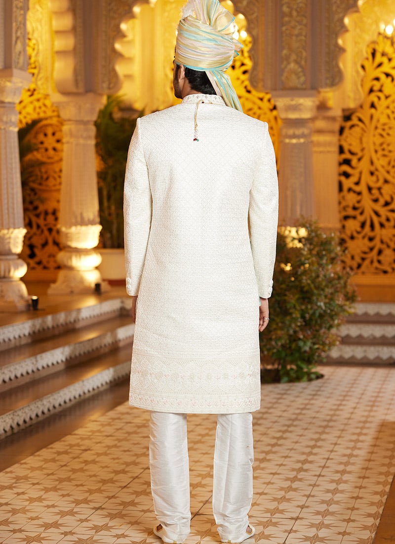 Buy Cream Silk Thread Hand Embroidered Classic Sherwani Wedding Wear ...