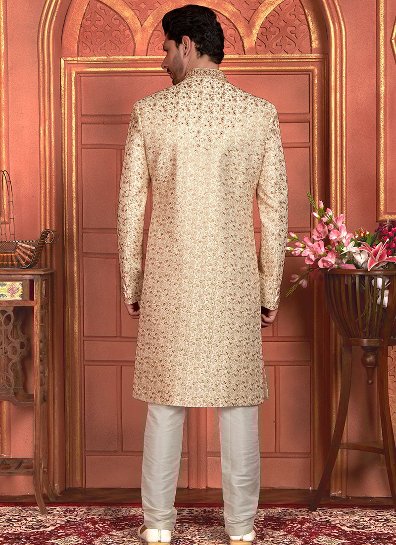 Shop Cream Silk Thread Hand Work Classic Sherwani For Men Wedding Wear ...