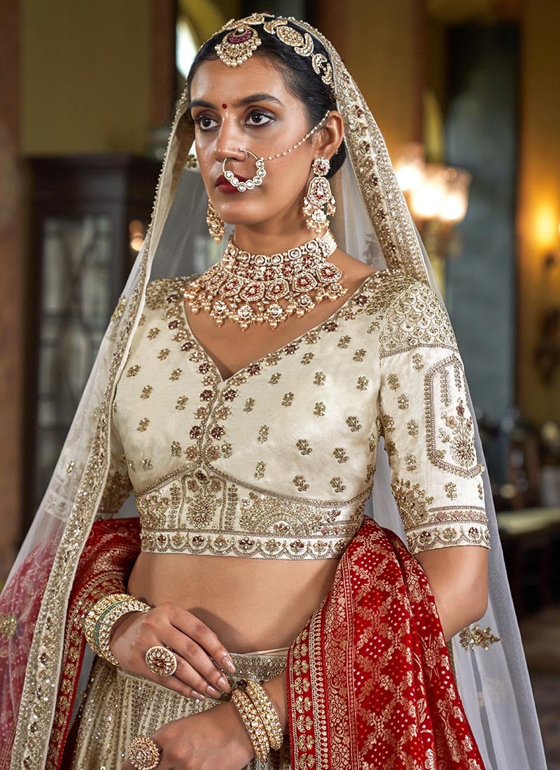 Shop Cream Silk Thread Woven Embroidered Sequins And Zari Umbrella Lehenga Wedding Wear in India ...