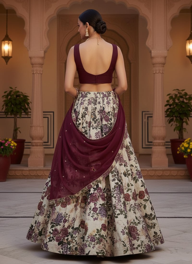 Shop Cream Taffeta Floral Printed Lehenga Set Festive Wear in CA - Cbazaar