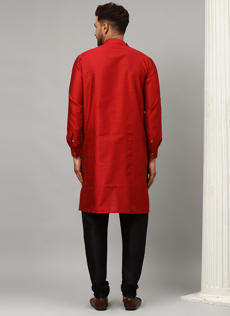 Buy Crimson Red Art Dupion Silk Floral Embroidered Kurta Pyjama Party ...