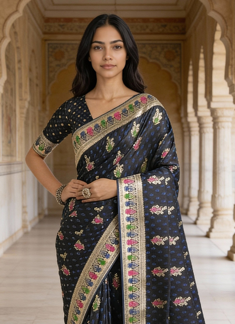 Shop Dark Blue Banarasi Silk Zari Woven Saree Festive Wear in UK - Cbazaar