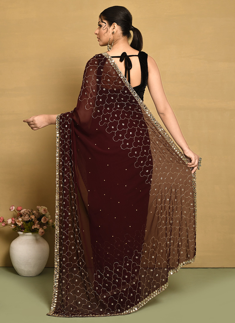 Shop Dark Brown Georgette Hand Embroidered Saree Wedding Wear Online at ...