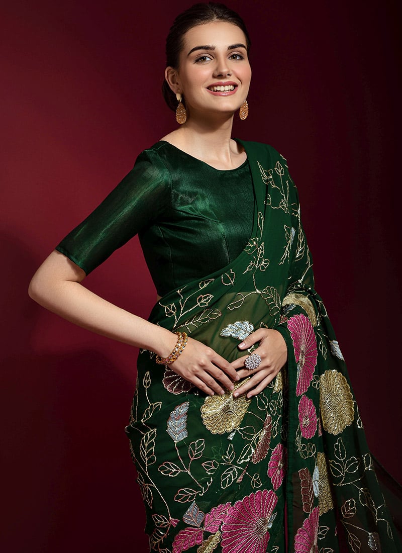 Buy Dark Green Georgette Sequins Embroidered Saree Party Wear Online at ...