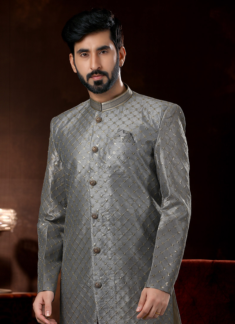 Shop Dark Grey Art Silk Sequins Classic Sherwani in UK - Cbazaar