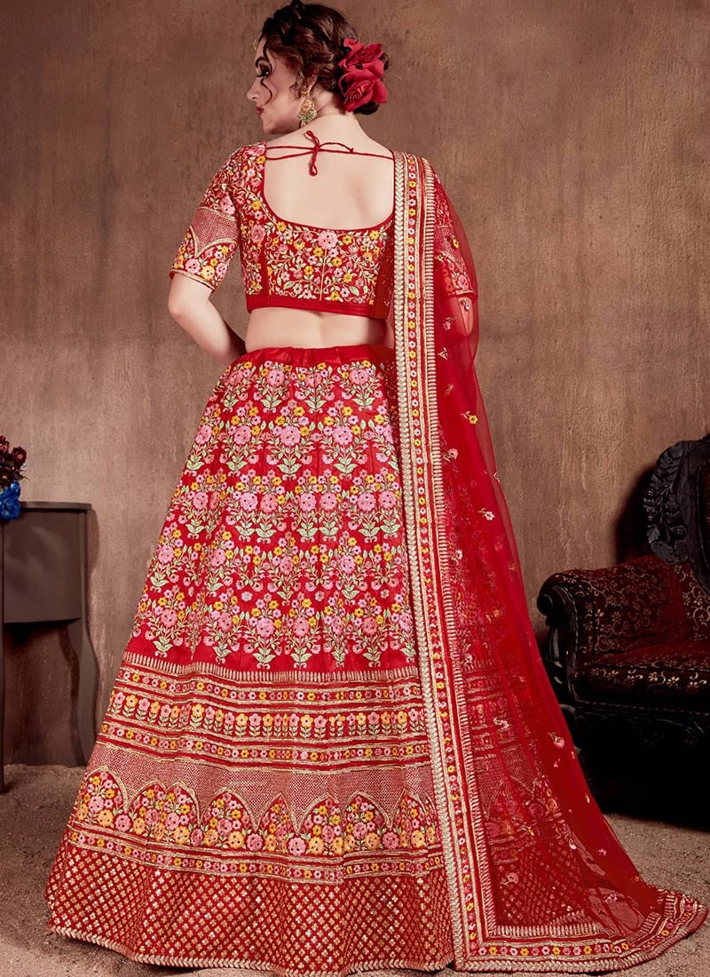 Buy Dazzling Red Mulberry Silk Lehenga With Stone Embossed Embroidered ...