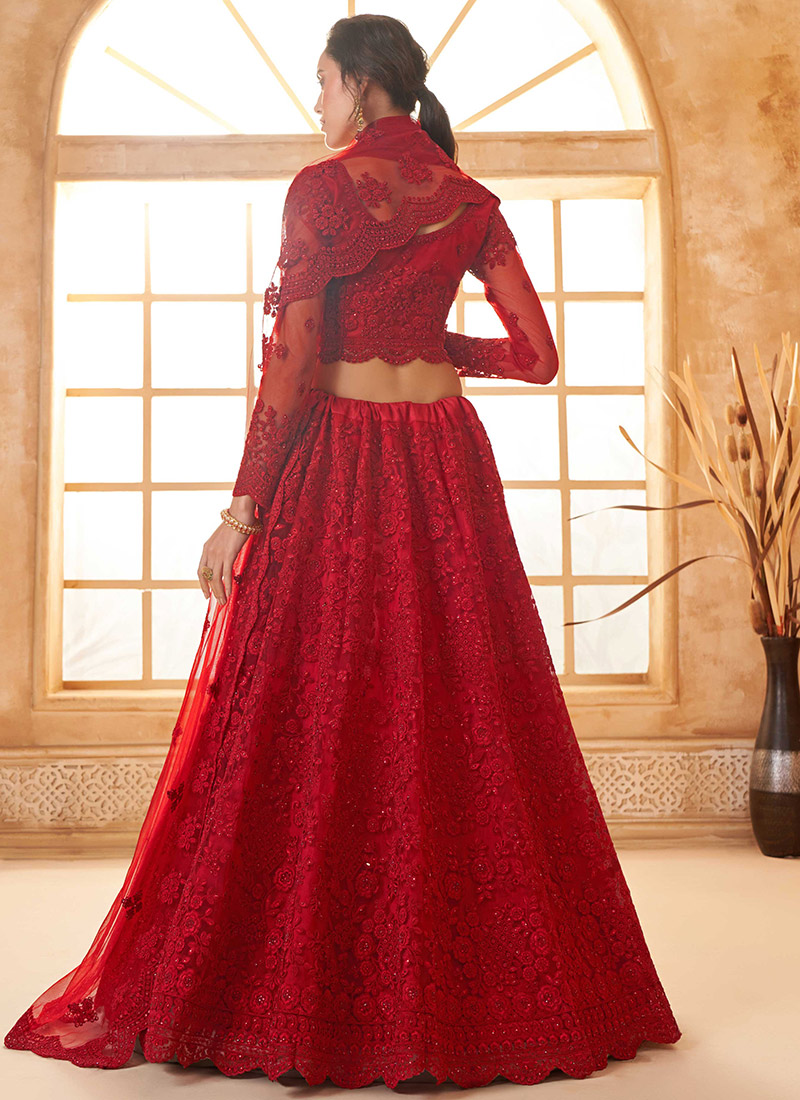 Buy Dazzling Red Net Embroidered Stone Work Lehenga Wedding Wear Online ...