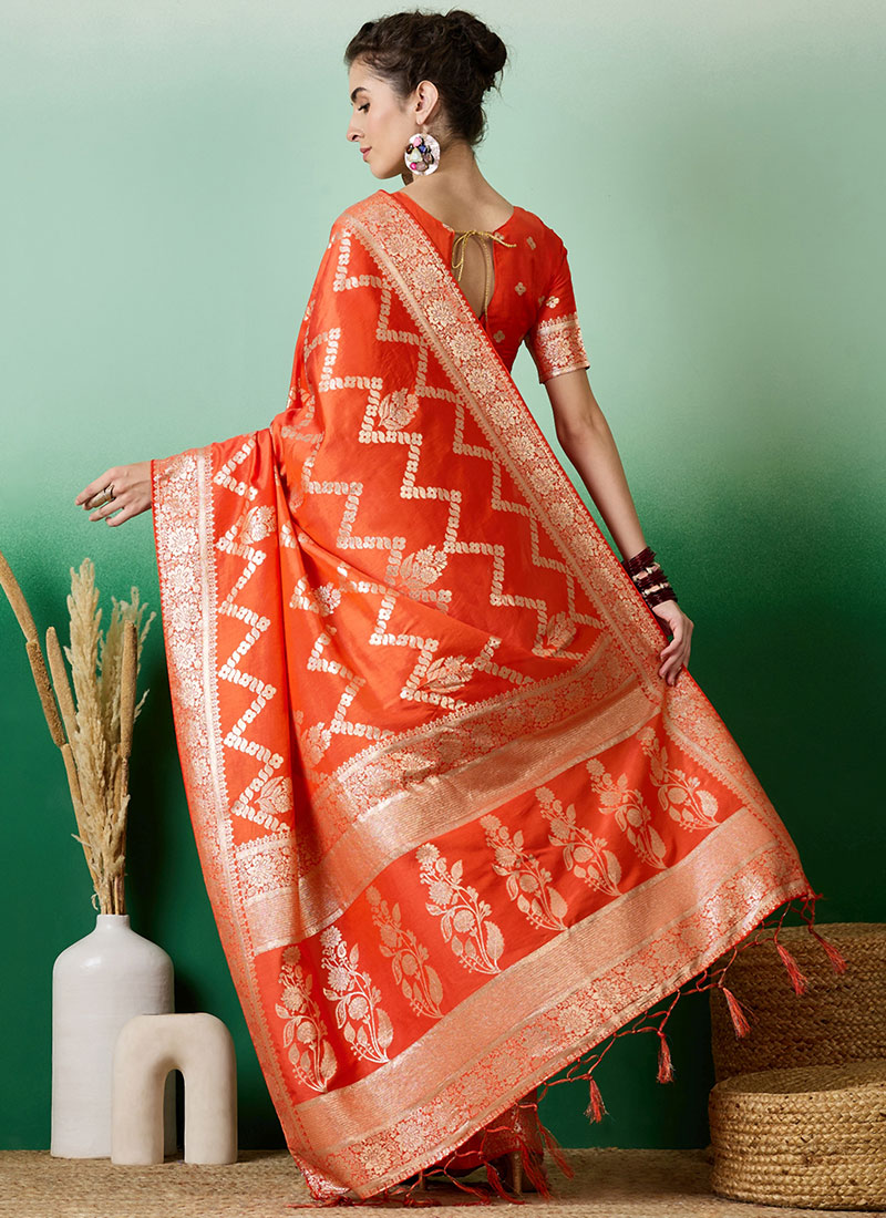 Buy Dola Silk Orange Jacquard Woven Classic Saree For Indian Women ...