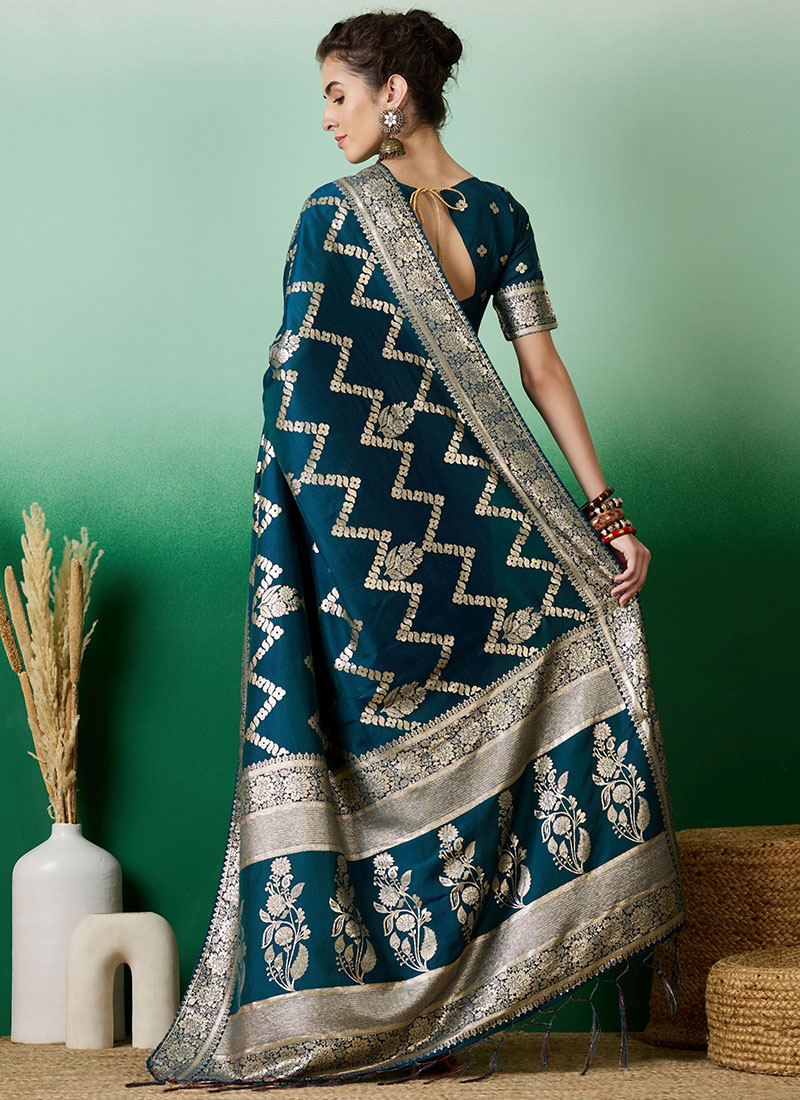 Buy Dola Silk Teal Jacquard Woven Classic Saree For Indian Women ...