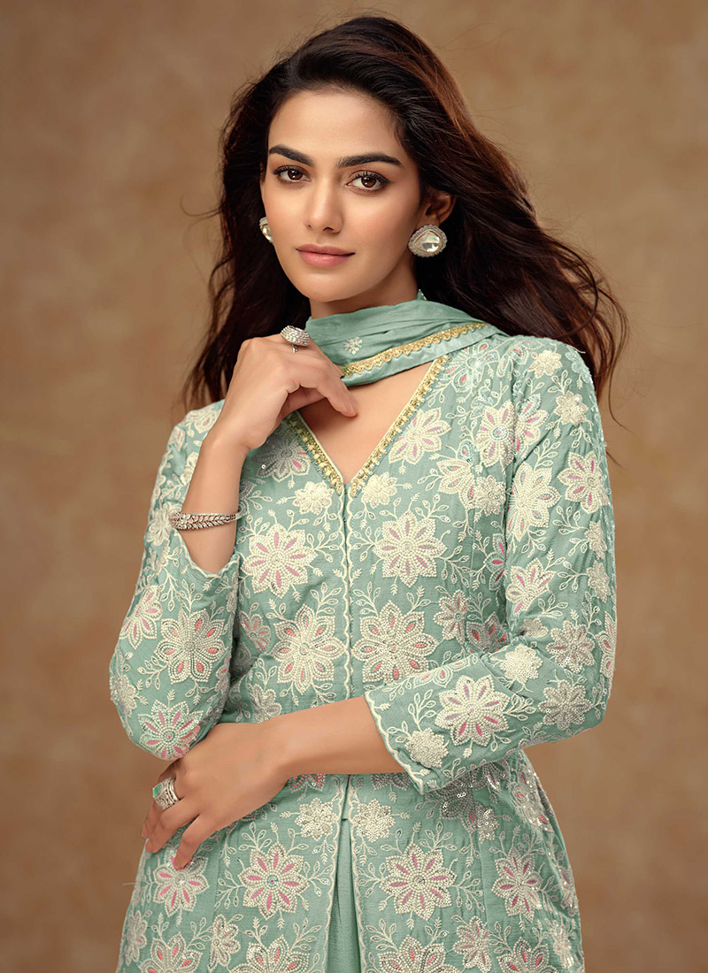 Buy Dusty Green Embroidered And Sequins Thread Work Palazzo Suit ...