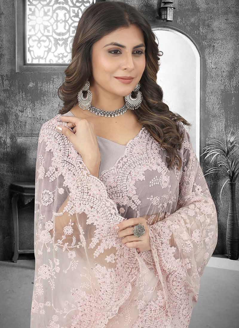 Shop Dusty Peach Net Embroidered Saree Party Wear Online at Best Price | Cbazaar