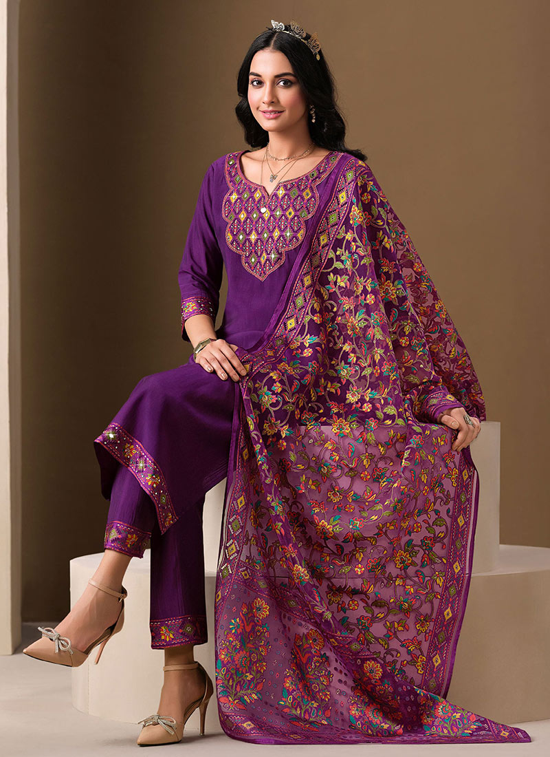 Shop Elegant Purple Roman Silk Straight Pant Suit With Mirror Work ...