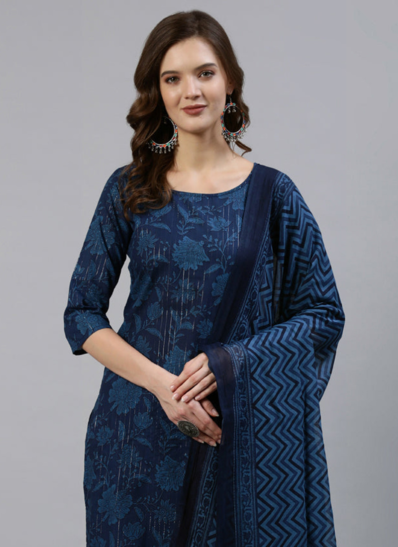 Buy Elgantly Printed Cotton Indigo Straight Pant Suit After Six Wear ...