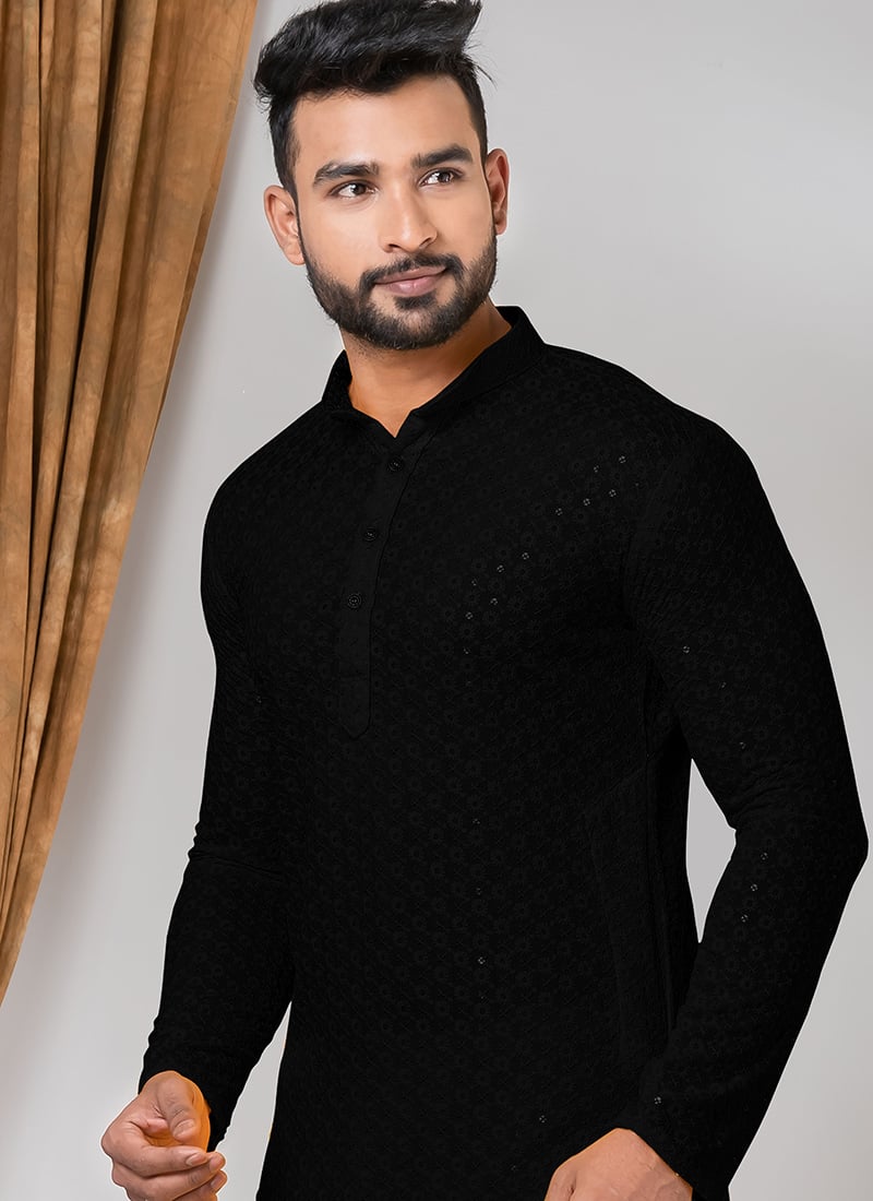 Buy Embroidered Sequins Cotton Black Kurta Pyjama Party Wear Online at ...