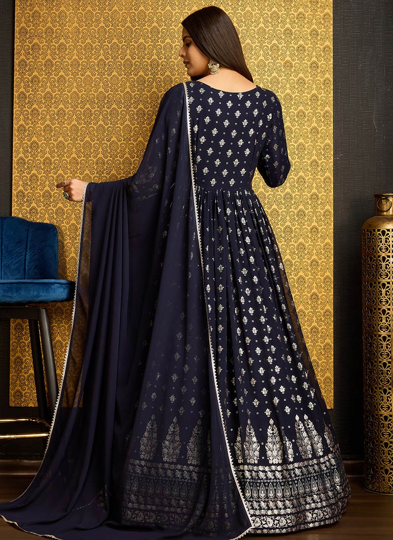 Buy Faux Georgette Foil Print Navy Blue Anarkali Gown Party Wear Online ...