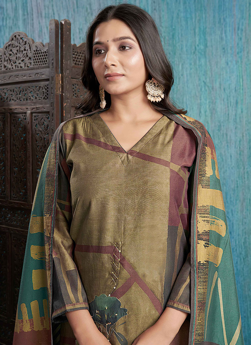 Buy Fawn Silk Digital Printed Hand Work Straight Pant Suit After Six ...