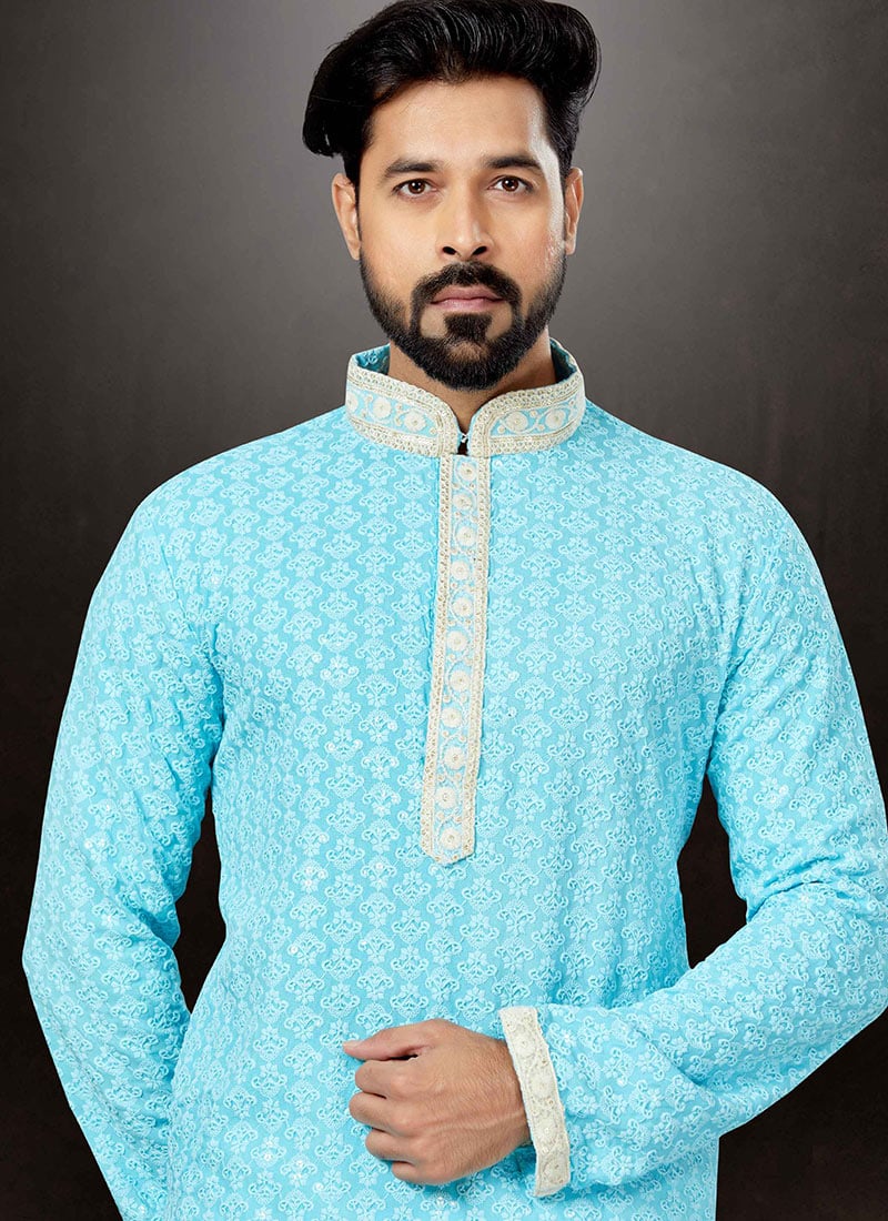 Buy Firozi Blue Cotton Lucknowi Embroidery Kurta Pyjama Party Wear ...